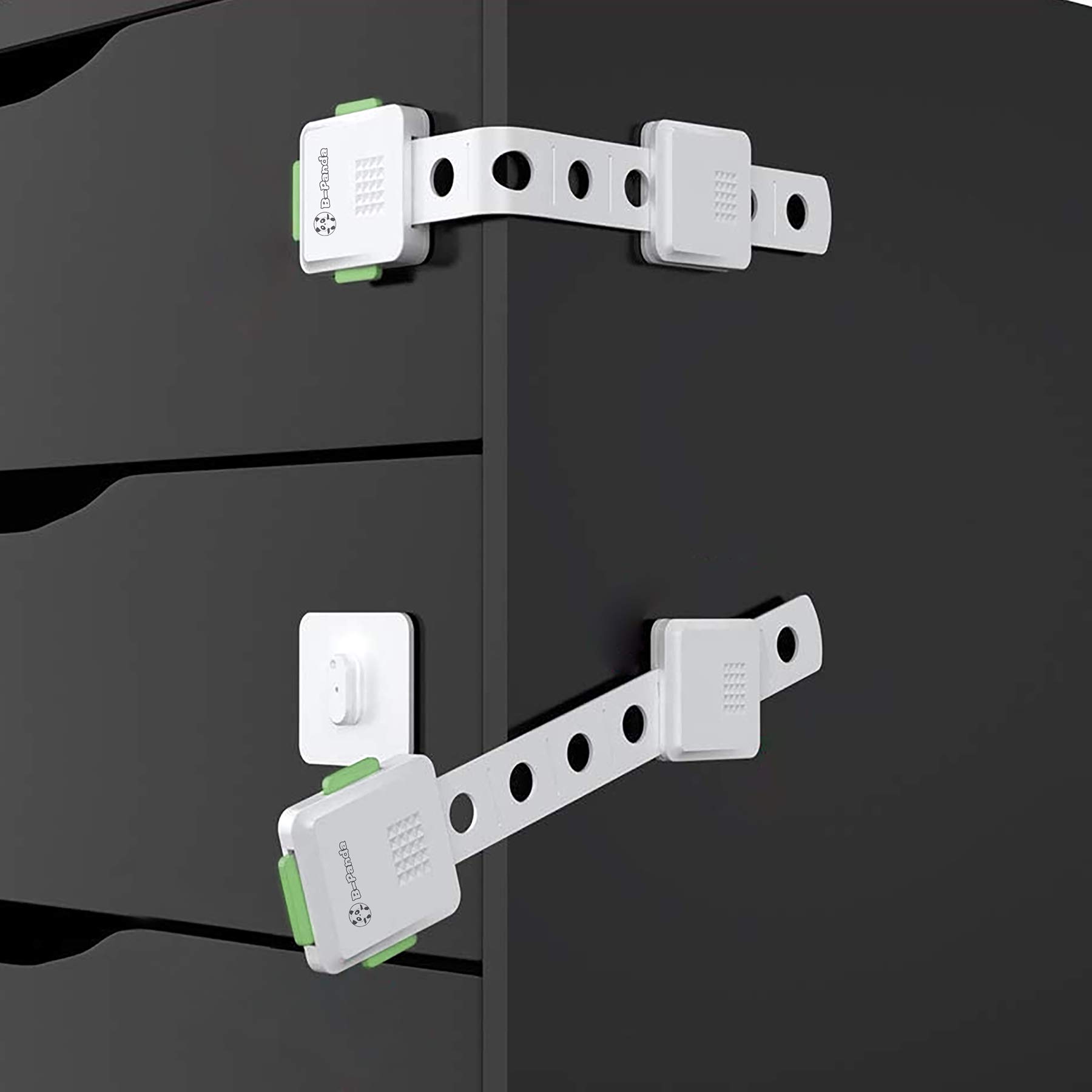 Baby Safety Cabinet Locks with Adjustable Strap,No Drilling,Baby Proofing for Refrigerators, Toilets, Doors,2/8 Count,Green/Grey
