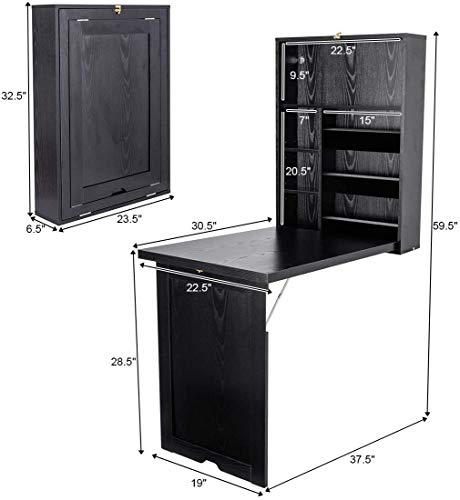Nightcore Wall Mounted Table w/Classified Storage Space, Foldable Multiple-Purpose Desk, Sturdy Wood Structure, Floating Convertible Desk/Cabinet for Apartment, Narrow Place and Limited Room (Black)
