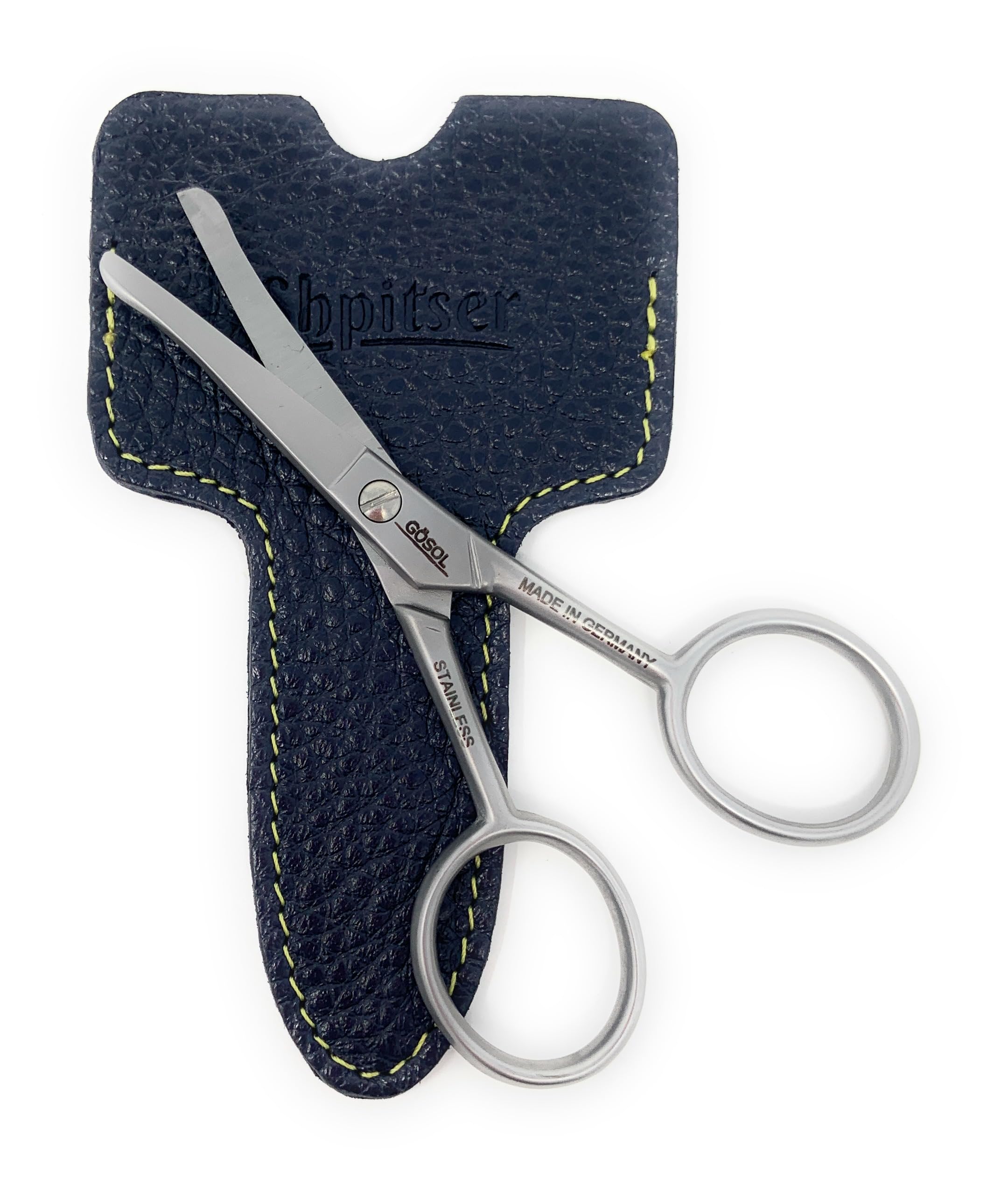 Solingen Nose & Ear Scissors - Stainless Steel Rounded Tip Scissors for Eyebrow, Nose Hair, Mustache and Beard - Made in Solingen & Germany by GÖSOL | Packed with Full Grain Leather Case