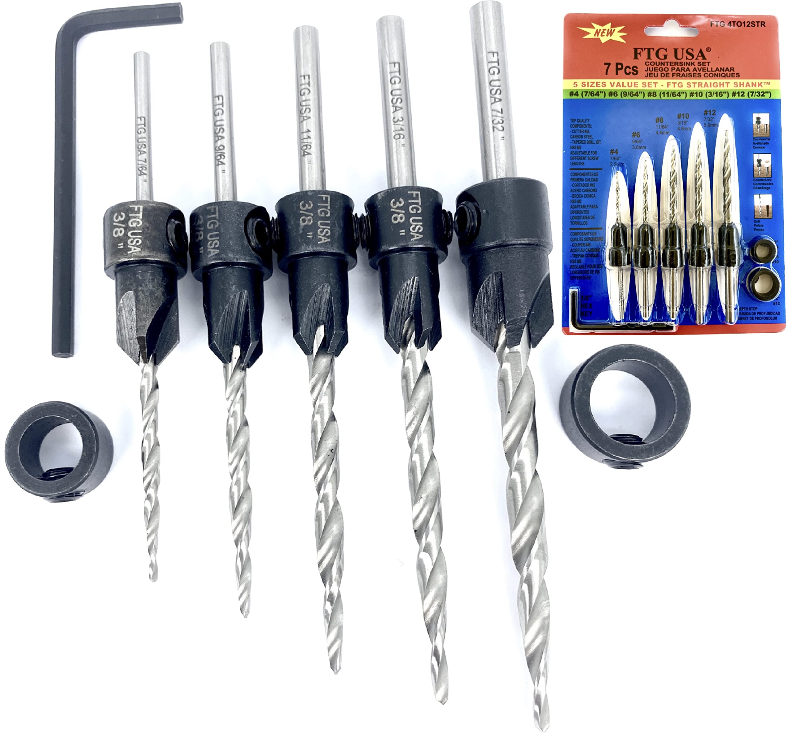 FTG USA Adjustable Wood Countersink Drill Bit Set 5 Sizes Countersink Drill bit #4#6#8#10#12 Tapered Drill Bits with Straight Shank