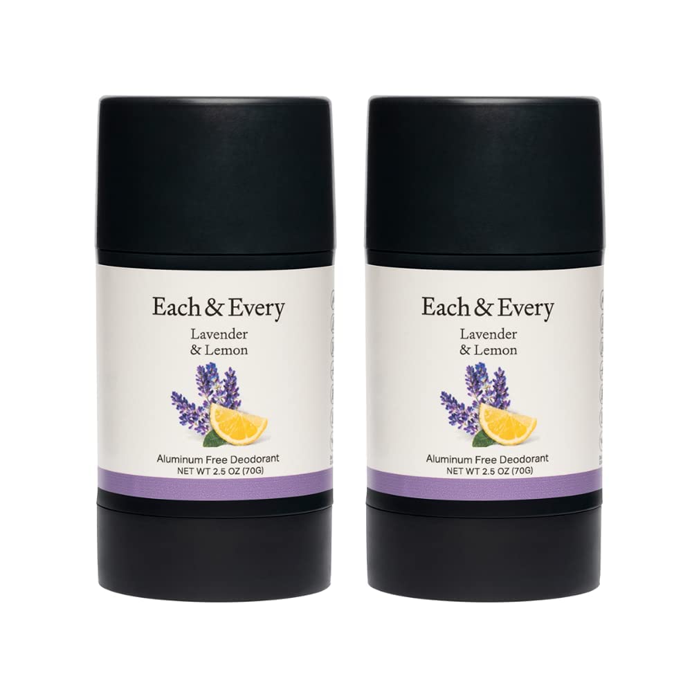Each & Every All Natural Deodorant for Men & Women - Aluminum-Free, Sensitive Skin, Plant-Based, Baking Soda-Free, Long Lasting 24 Hr Odor Control - Lavender & Lemon Travel Size (2 Pack, 2.5oz)
