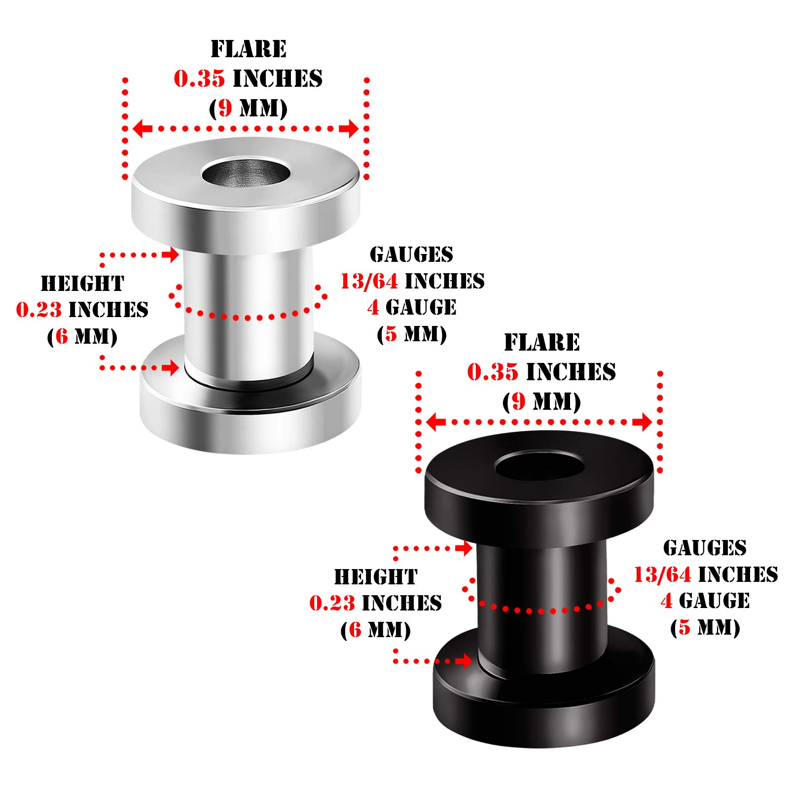 2 Pairs Surgical Steel Gauges 12 mm Screw tunnels Piercing Jewelry Earring Black Anodized Stretcher Plug Tunnel Lobe BG0654