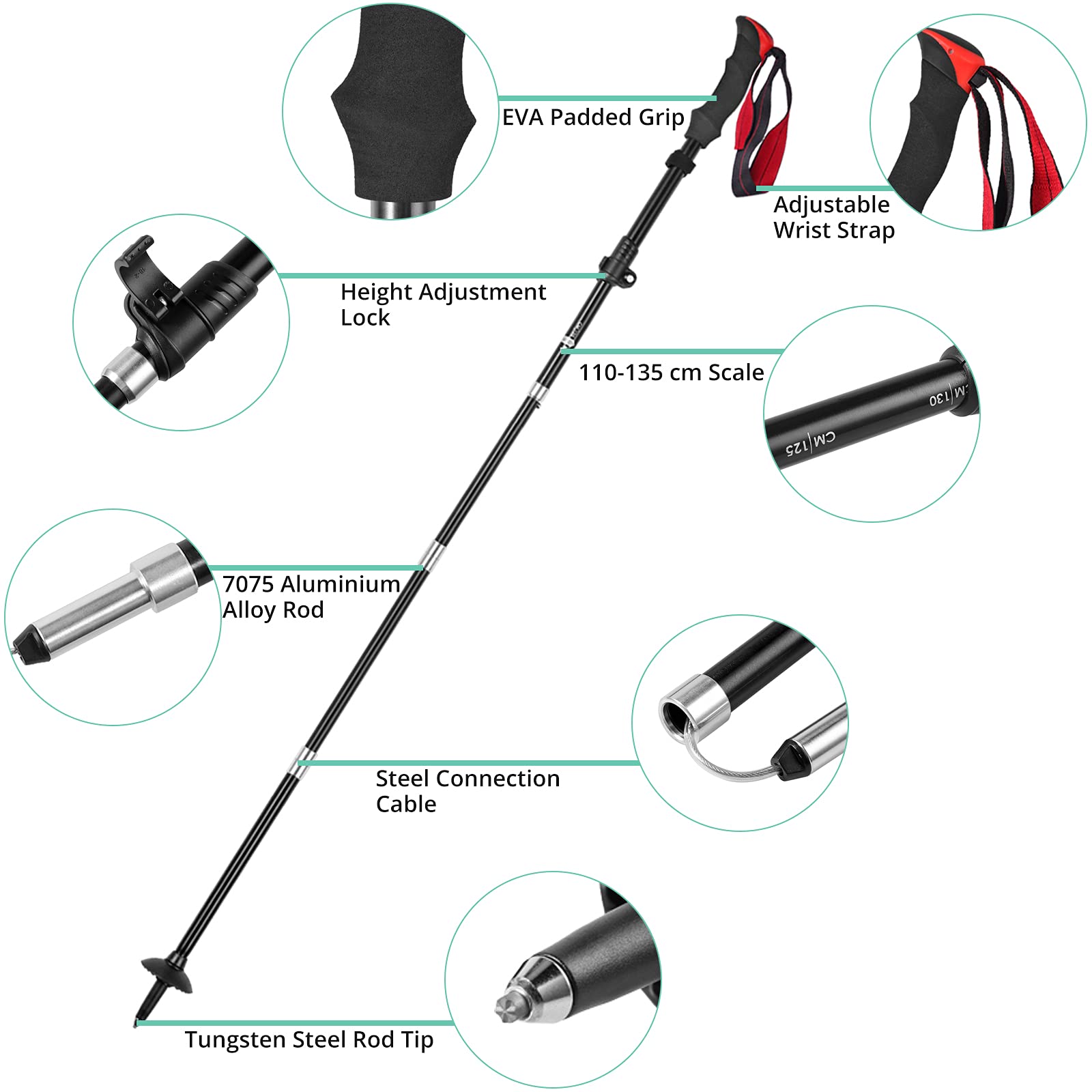 2 Pack Hiking Trekking Poles, VINTEAM Aluminum Collapsible Walking Stick 110-135cm Adjustable Walking Trekking for Hiking, Camping, Mountaineering, Backpacking