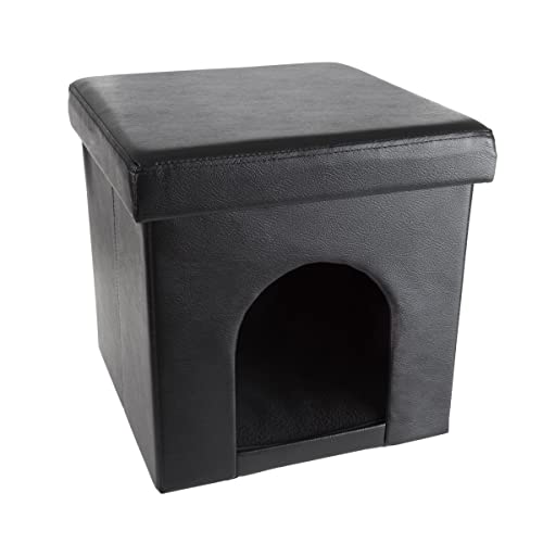 Cat House β Collapsible Multipurpose Small Dog or Cat Ottoman with Footrest, Cushioned Top, and Interior Pillow by PETMAKER (Black)