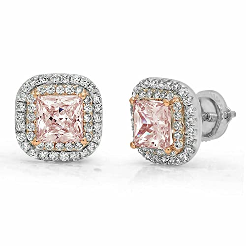 2 Ct Princess Cut Pink Sapphire & Diamond Halo Stud Earrings 14k White Gold Finish, White,Pink, UDBBJSE1915
