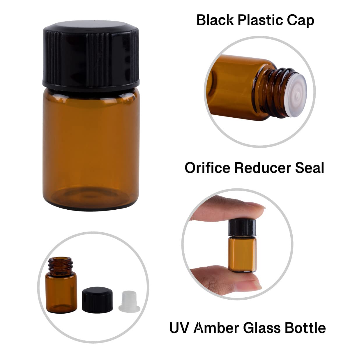 2ml Mini Amber Glass Bottles with Orifice Reducer and Cap for Essential Oils, Chemistry Lab Chemicals, Colognes & Perfumes (12 Pack)