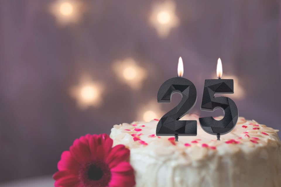 2 inch Black 25 & 52 Birthday Candles, 3D Diamond Number 25th & 52nd Cake Topper for Men Women Birthday Party Decorations Theme Party
