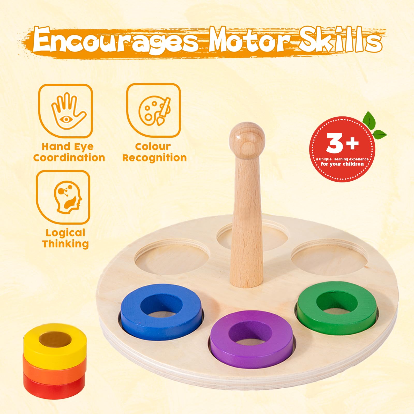 Adena Montessori 6 Rings on Peg Baby Toys for 1 Year Old Infant Toddlers