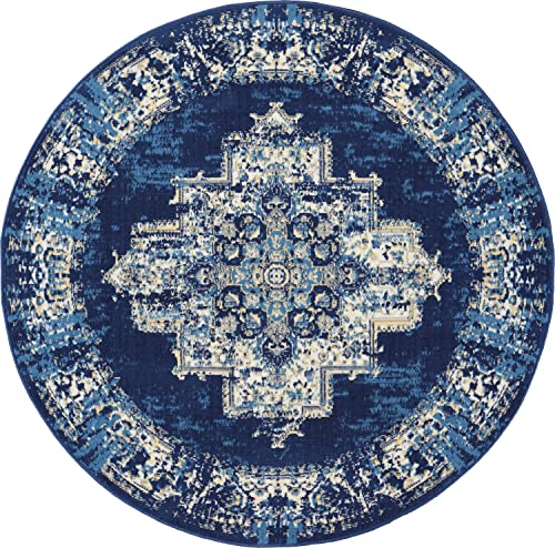 Nourison Grafix Persian Navy Blue 4' x ROUND Area -Rug, Easy -Cleaning, Non Shedding, Bed Room, Living Room, Dining Room, Kitchen (4 Round)