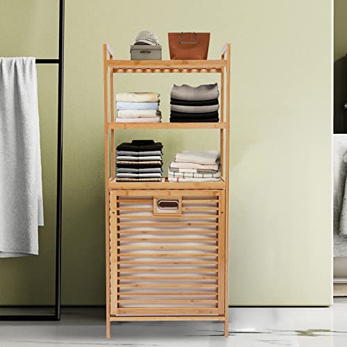 46.9'' Tilt Out Laundry Hamper, 3-Tier Bamboo Laundry Hamper Cabinet Floor Stand Bathroom Storage Shelf Cabinet Clothes Organizer Laundry Shelf for Laundry Room Bathroom Bedroom