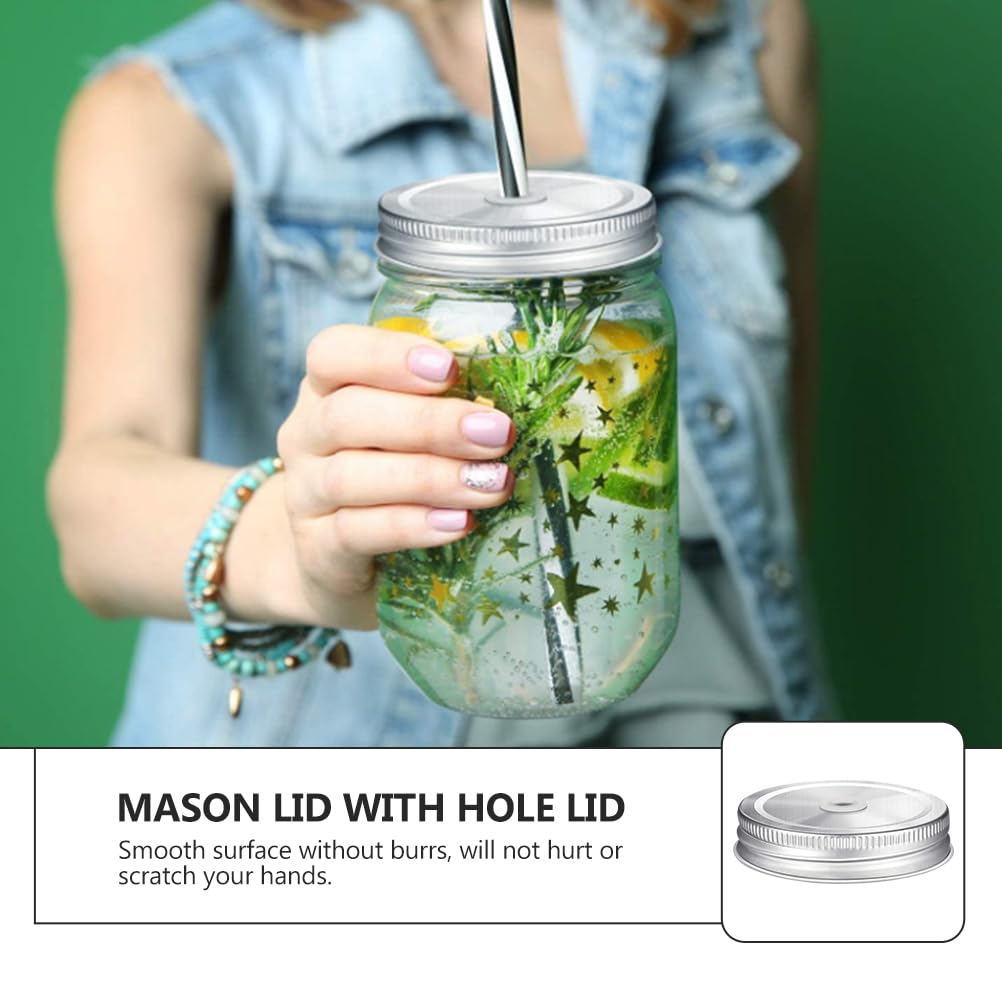 2pcs Mason Jar Straw Lids 3.3in Sealing Lid with Hole Stainless Steel Perforated Cover Secure Jar Caps Leak Proof Canning Cap Drinking Jar Cover