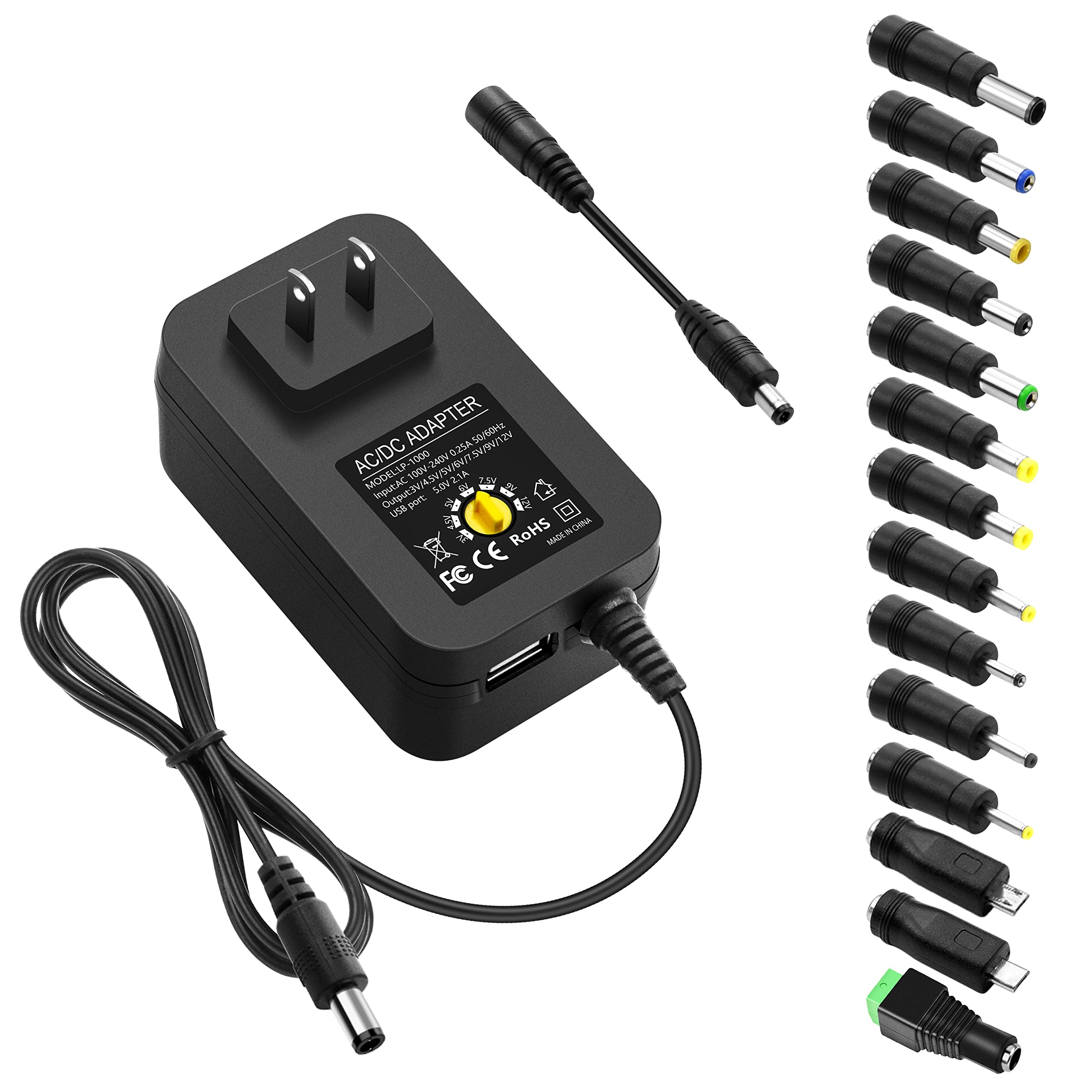 ALITOVE 30W Universal AC to DC Power Supply Adapter 3V to 12V Adjustable with 14Adapter Tips & USB Port for Household Electronics Routers 2.5A Max
