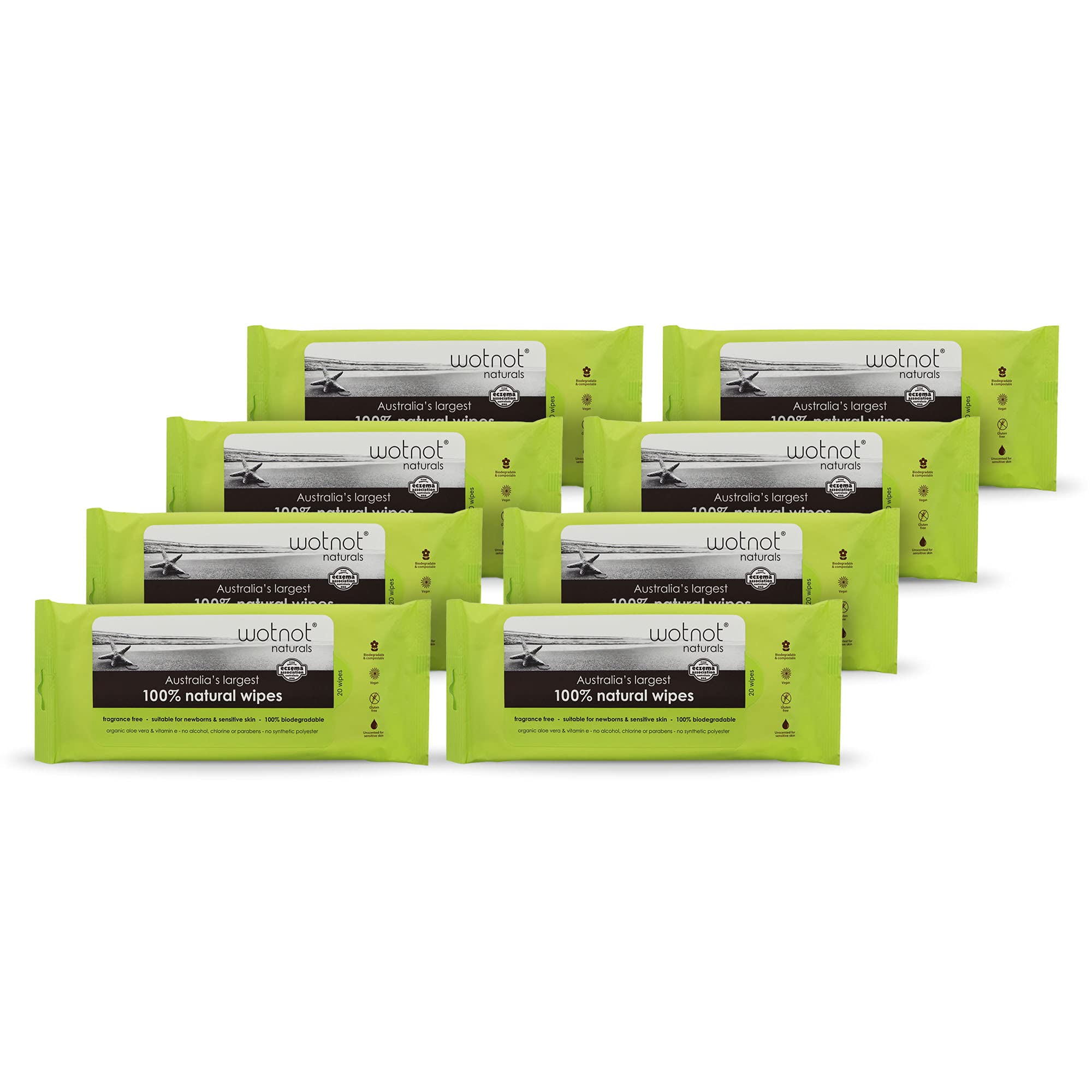 Wotnot - 100% Natural Baby Wipes, Travel Size Soft Pack 20 count (Pack of 8)