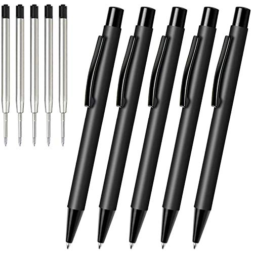 Cambond Ballpoint Pens Bulk, Black Pens Retractable Metal Ball Point Uniform Pens for Gift Business Police Men Flight Attendant, 1.0mm Medium Point Smooth Writing, 5 Pen with 10 Refills - Black