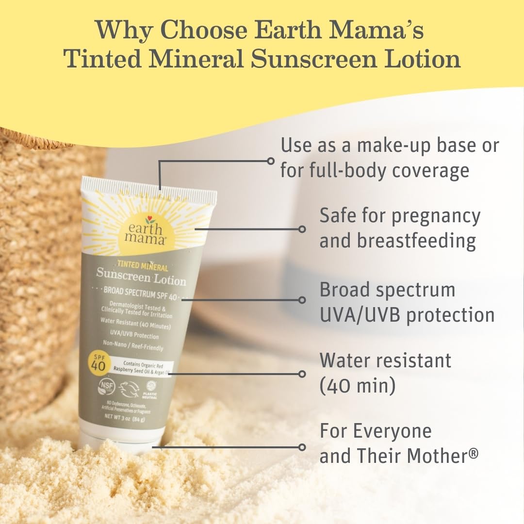 Earth Mama Tinted Mineral Sunscreen Lotion SPF 40, Contains Organic Argan and Red Raspberry Seed Oil, 3-Ounces
