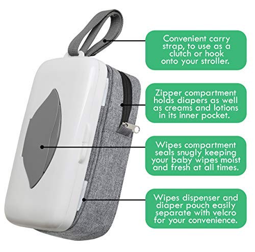 Baby Wipes Dispenser with Diaper Pouch 2 in 1 Portable Travel Clutch with Strap for Carrying Diapers and Wipes On The Go Grey Melange