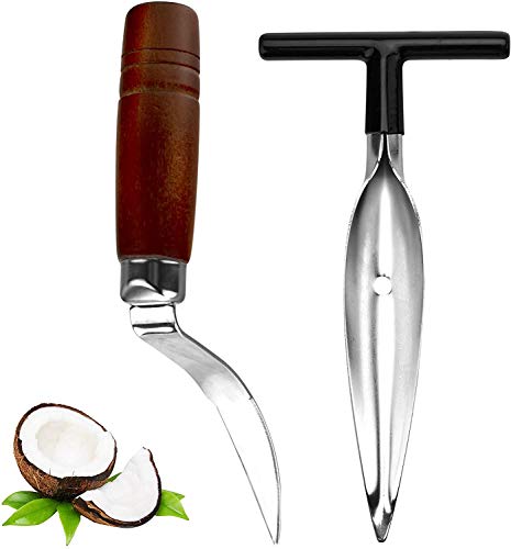 2 PCS Coconut Opener Tool Set Coconut Meat Remover Stainless Steel Coconut Opener Scraper Knife Coconut Punch Tool with Durable Non-Slip Wooden Handle Scraper