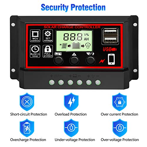 2Pcs 30A Solar Charge Controller, Black Solar Panel Battery Intelligent Regulator with Dual USB Port 12V/24V PWM Auto Paremeter Adjustable LCD Display