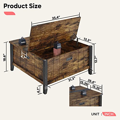 Bestier Farmhouse Coffee Table, Square Wood Center Table with Large Hidden Storage Compartment for Living Room, Rustic Cocktail Table with Hinged Lift Top for Home, Brown