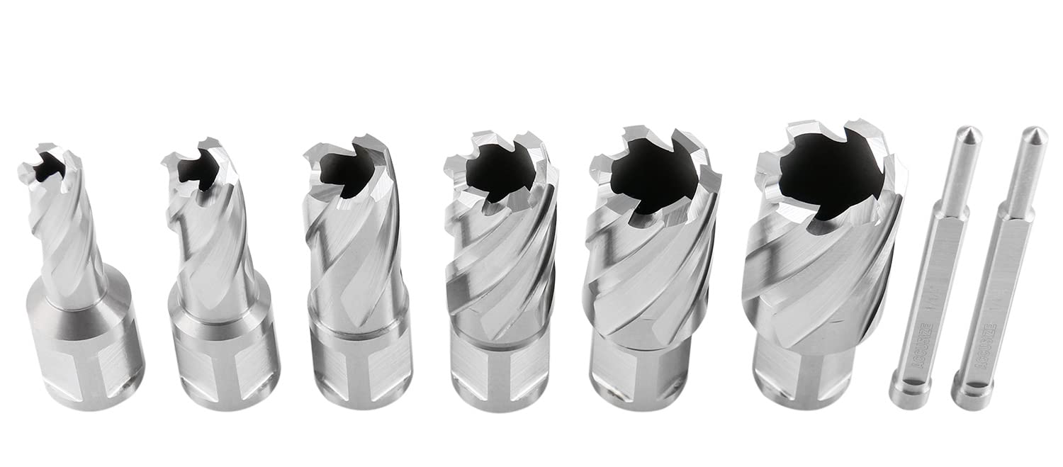 Accusize Industrial Tools Hss Professional Annular Cutter Set 1'' Cutting Depth, 7/16'' to 1-1/16'' with 3/4'' Weldon Shank, 8 Pc Set, HSS1-0000