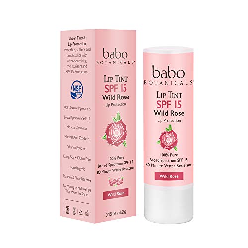Babo Botanicals 70+% Organic Tinted Mineral Lip Conditioner SPF 15, Water-Resistant Lip Balm, Wild Rose - 0.15 oz.