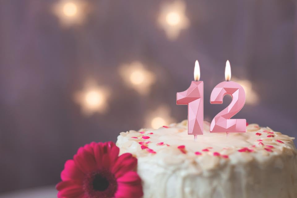 2 inch Pink 12 & 21 Birthday Candles, 3D Diamond Number 12th & 21st Cake Topper for Boys Girls Birthday Party Decorations Theme Party