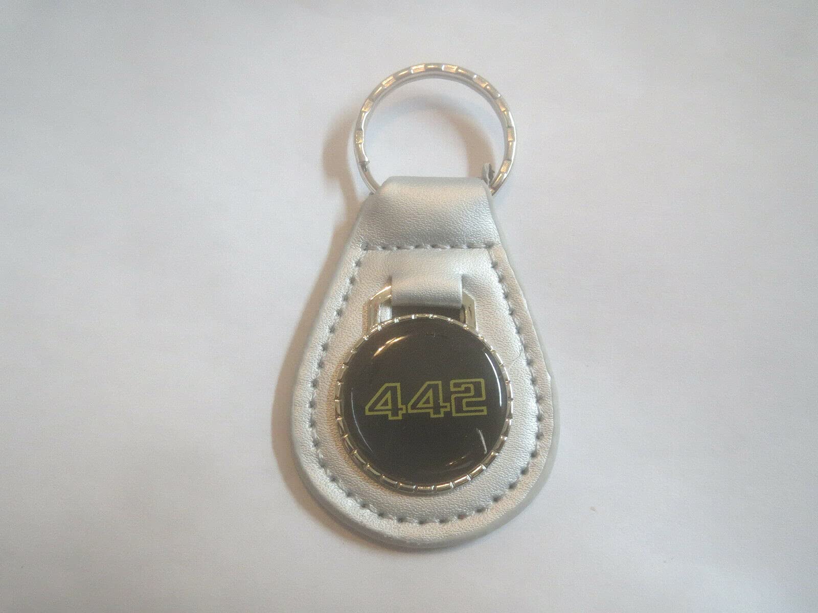 1970's 1986 1987 OLDS 442 4-4-2 GOLD/BLACK LOGO LEATHER KEYCHAIN - SILVER