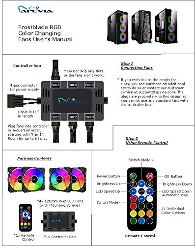 Apevia FB4-RGB Frostblade 120mm Silent RGB Color Changing LED Fan for Gaming with Remote Control, 16x LEDs & 8X Anti-Vibration Rubber Pads (4-pk)