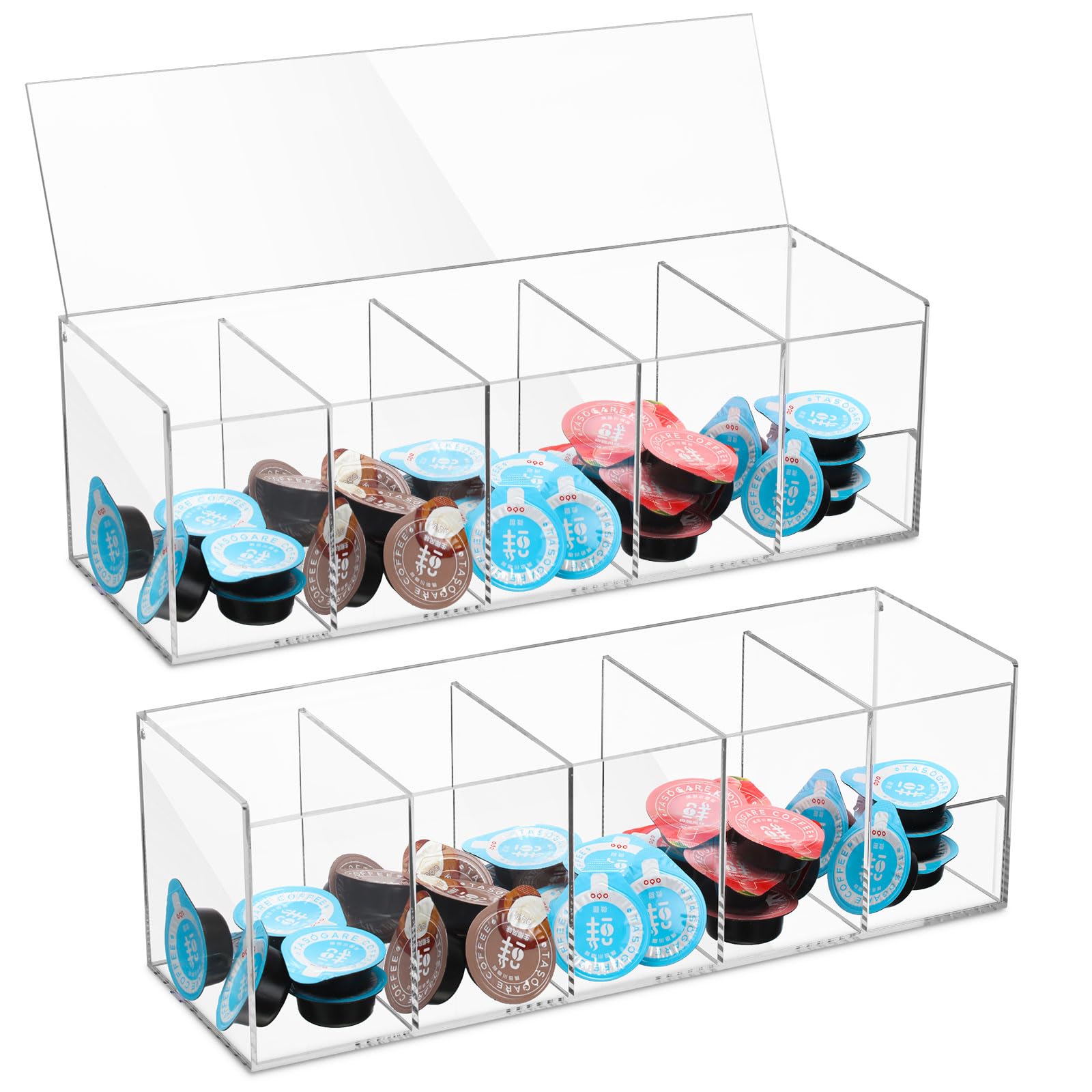 2 Pcs Coffee Pod Holder Box 14.76 x 4.8 x 4.8 Inches 5 Compartment with Lid Clear Acrylic Coffee Capsule Organizer Station for Coffee Bar Accessories Coffee Storage Organizer Box