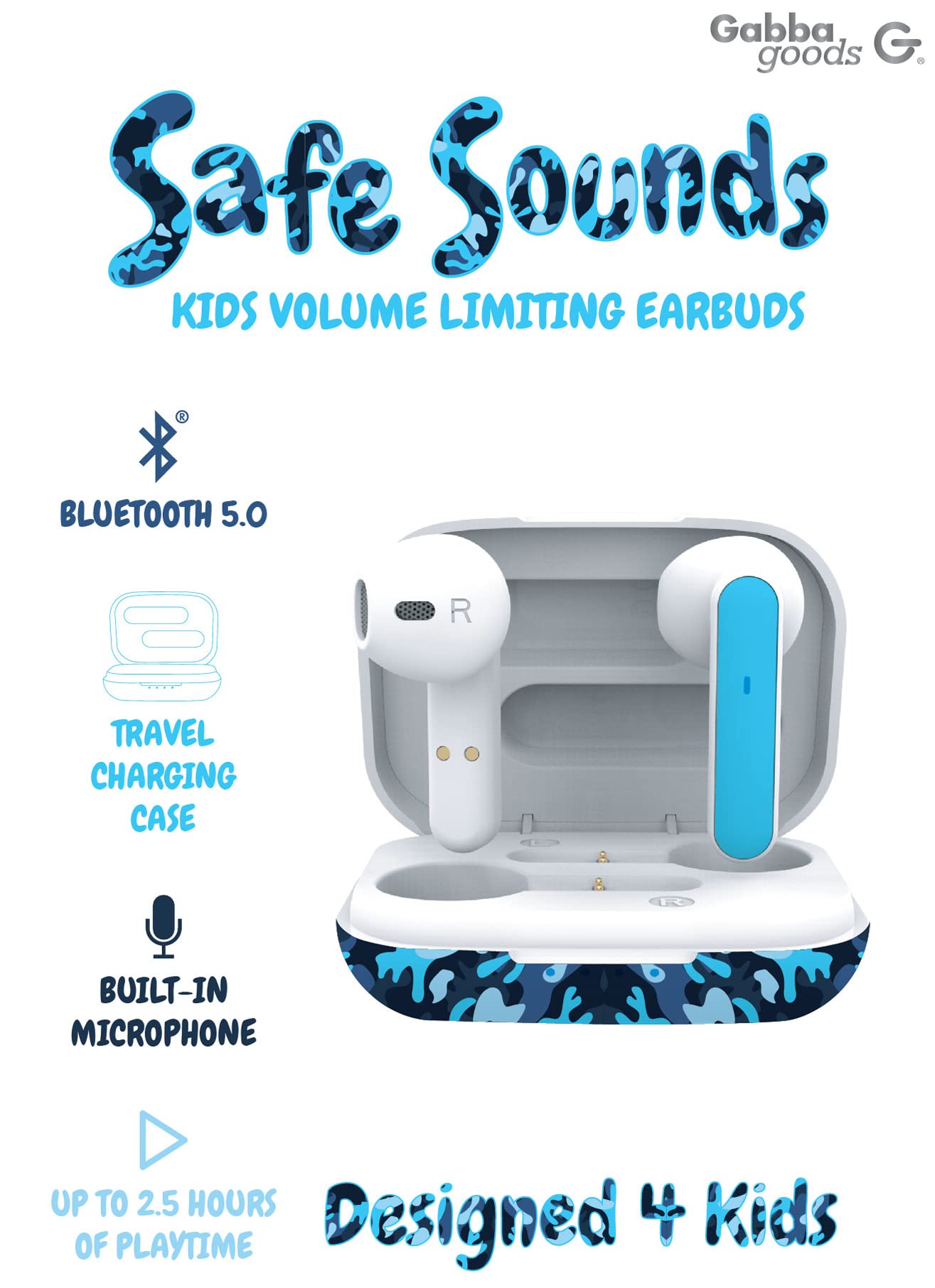 Gabba Goods Safe Sound Earbuds for Kids, Built-in Mic up to 8 Hours of Playing time with Charging Case Kids Proof