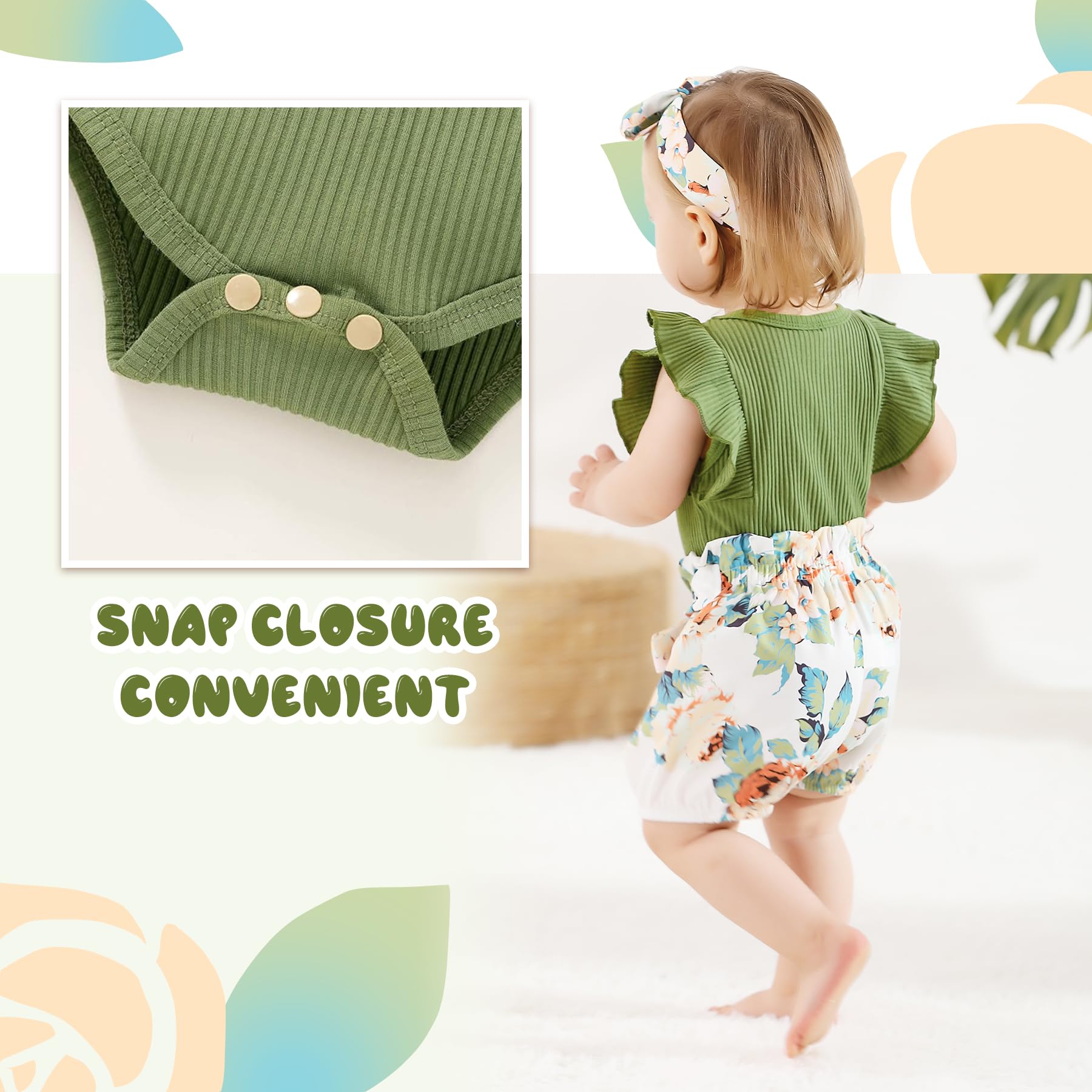 Tiny Cutey Baby Girl Clothes Infant Summer Outfits Set Ruffle Sleeve Romper and Floral Shorts with Headband (Sleeveless Green, 100)