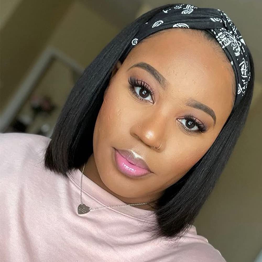 GABRIELLE 8 Inch Bob Headband Wig for Black Women, 150% Density, Human Hair, Glueless, Straight, 1 Count (Pack of 1), Women's Accessories, Black Women, Wig Users