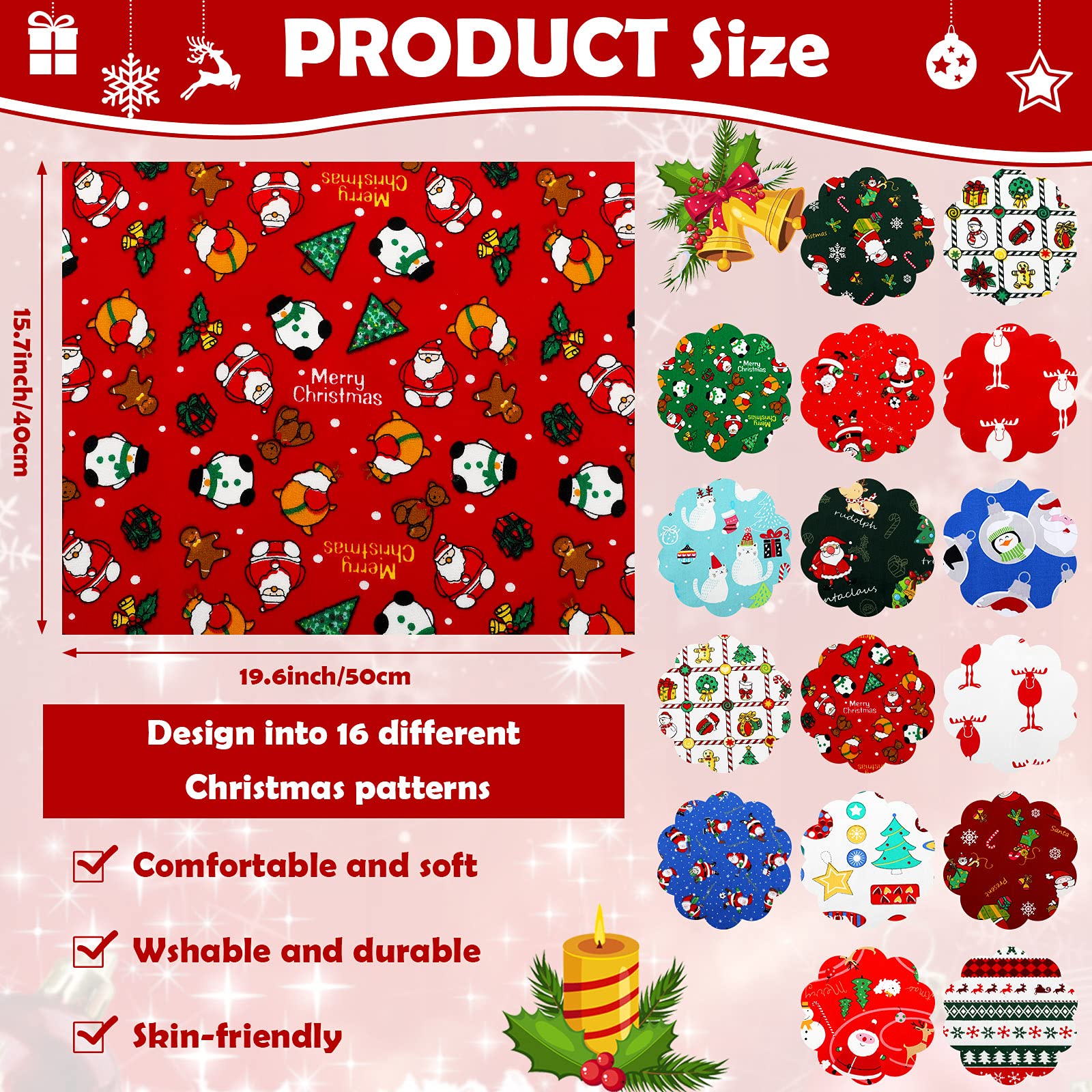 16 Pieces Christmas Fabric Fat Quarters Bundle Christmas Patterned Cotton Fabric Santa Claus Snowman Christmas Tree Print Quilting Fabric Cloth for Christmas Sewing Patchwork DIY Yard (16 x 20 Inch)