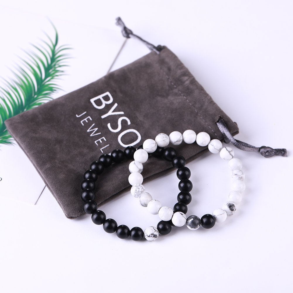 2 Pcs Couple Distance Relationship Bracelets Black Matte Agate & White Howlite Energy Beads Stone Ying Yang Balance Bracelet Banglet for Lovers Touch Bracelets Long Distance Relationship¡