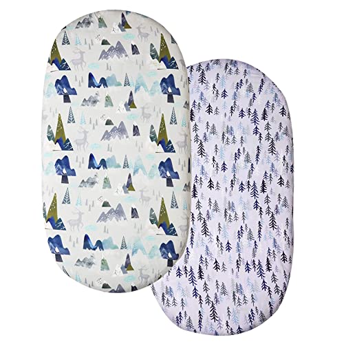 Baby Bassinet Sheet for Boys and Girls, Cradle Mattress Sheet, Polyester Baby Bedside Cover, Universal for Rectangle, Oval, Hourglass Bassinet Mattress, Soft & Breathable, 2 Pack, Mountain & Pine