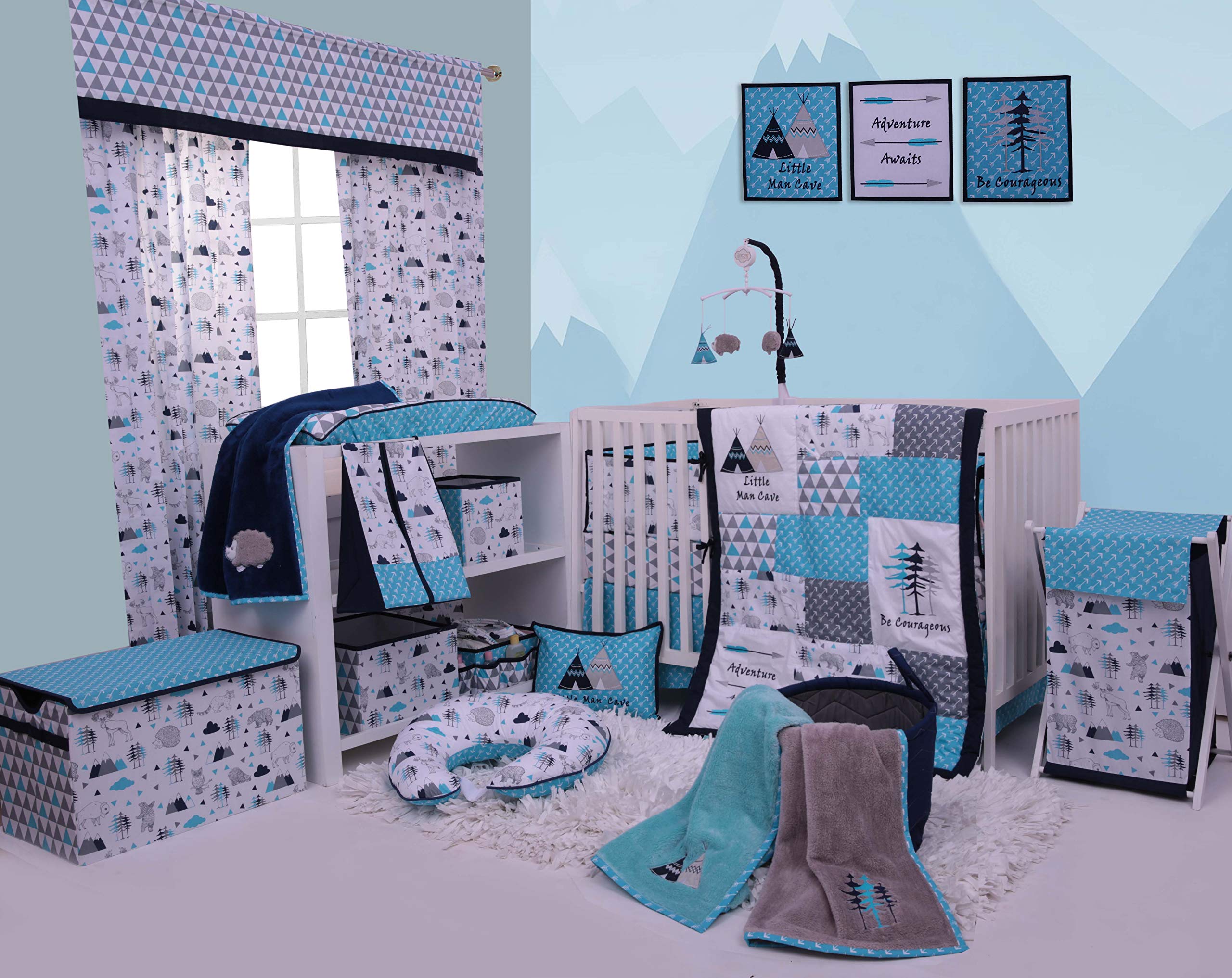 Bacati – Small Storage Tote Woodlands Animals Aqua/Navy/Grey 10X 10 X 10 inches
