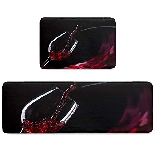 2 PCS Cushioned Anti-Fatigue Kitchen Mats and Rugs, Red Wine in Grass Absorbent Bath Mat Non-Slip Rug Accent Runner Floor Carpet Washable Indoor Doormat Standing Comfort Mat Abstract Black Background