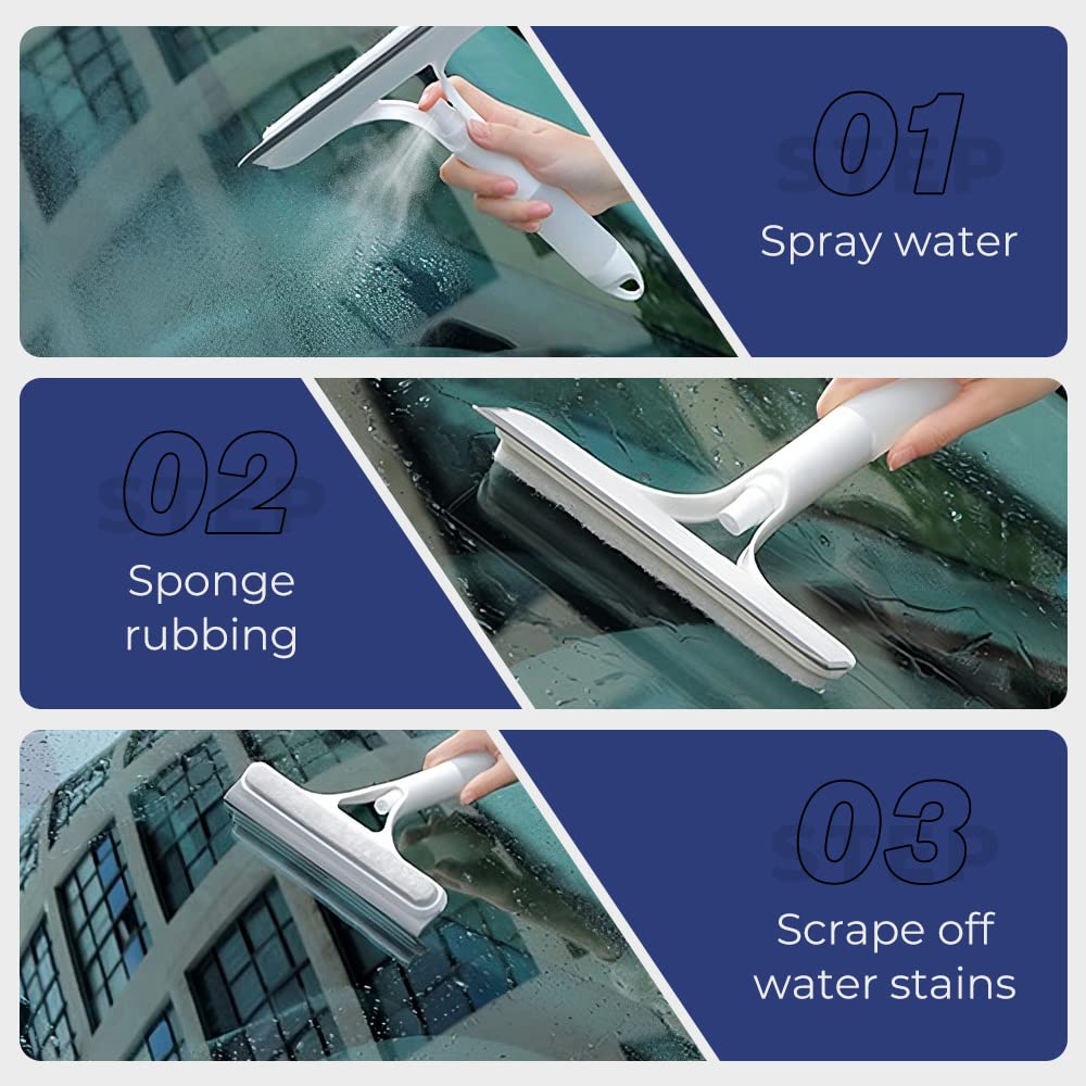 3 in 1 Window Cleaning Tool for Car Indoor Outdoor High Windows, 2023 New Window Squeegee with Spray, Multifunction Magic Broom Brush Squeeze Silicone Broom Sweeping Shower Squeegee (Blue, 1)