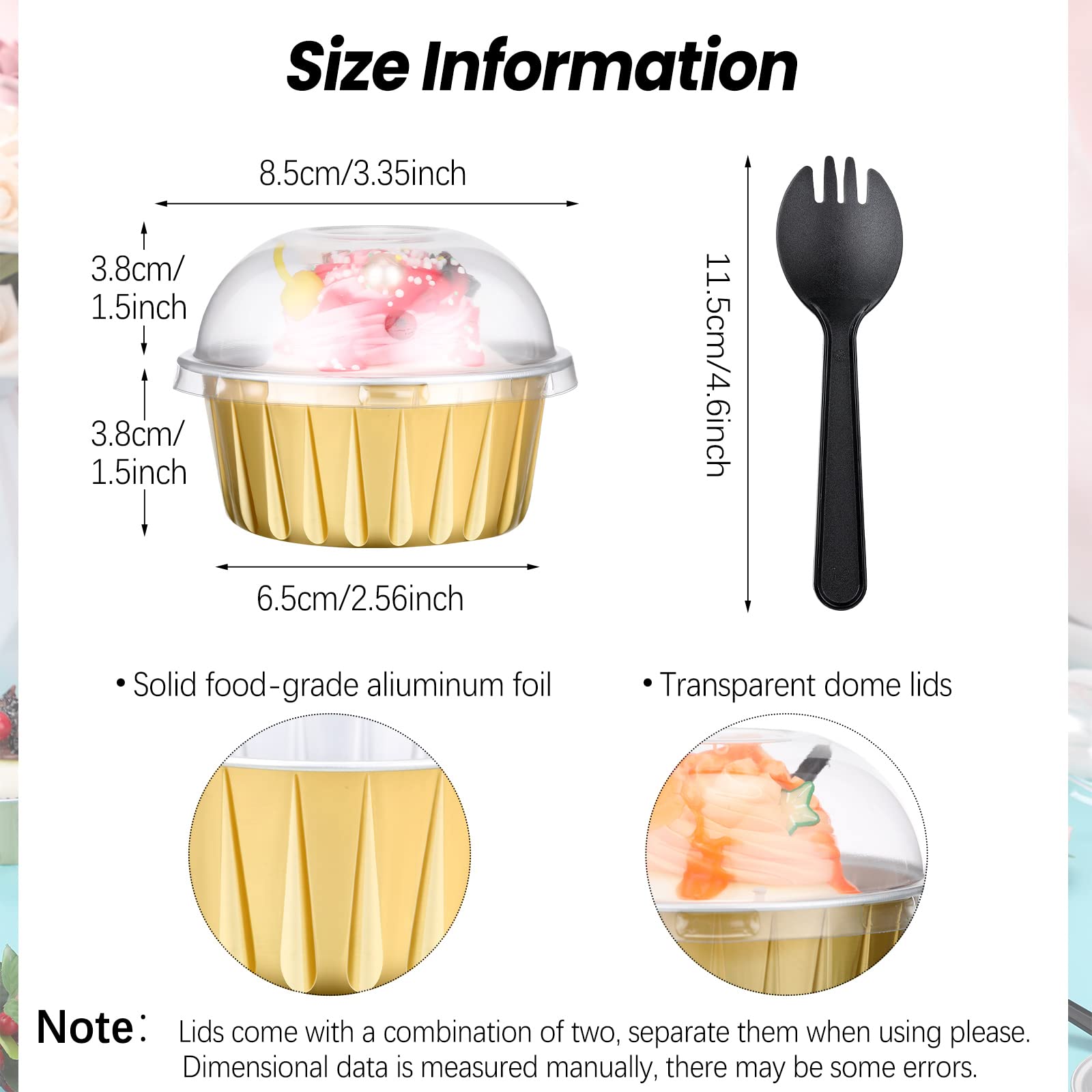 200 Pack 5oz Cupcake Liners with Dome Lids with 200 Pieces Spoons Bulk Aluminum Muffin Liners Foil Baking Cups Muffin Tin Dessert Pudding Holders for Individual Bakery Wedding Birthday Party