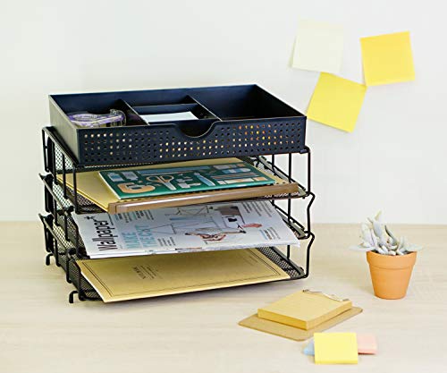 CAXXA 3 Trays Stackable Mesh Letter Tray, Desk File Organizer, Desktop Paper Tray Holder with Drawer, Black