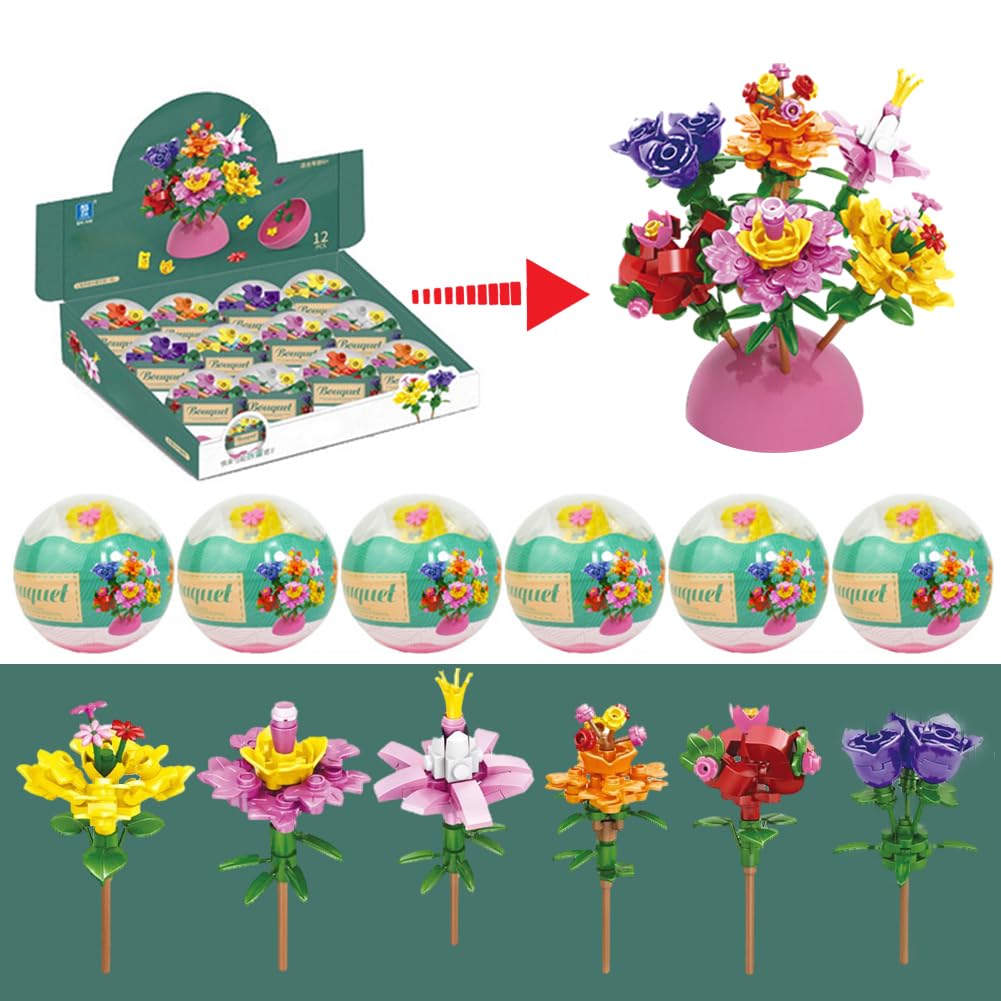 12PCS Easter Gifts for Kids,Easter Egg Fillers with DIY Flower Garden Building Block,Artificial Flowers Building Blocks Set for Easter Party Decorations(12PCS Bouquet)