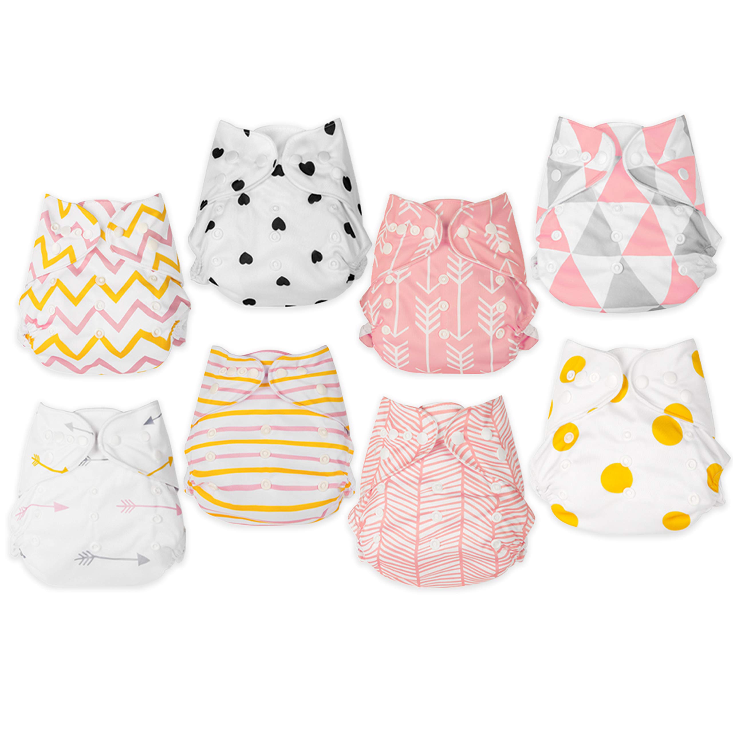 BaeBae Goods Newborn Cloth Diapers β 8 Reusable Cloth Diapers for Babies with 8 Cloth Diaper Inserts β Extra Leg Lining to Avoid Leakage - Waterproof Outside Soft Inside β Adjustable Size for Girls