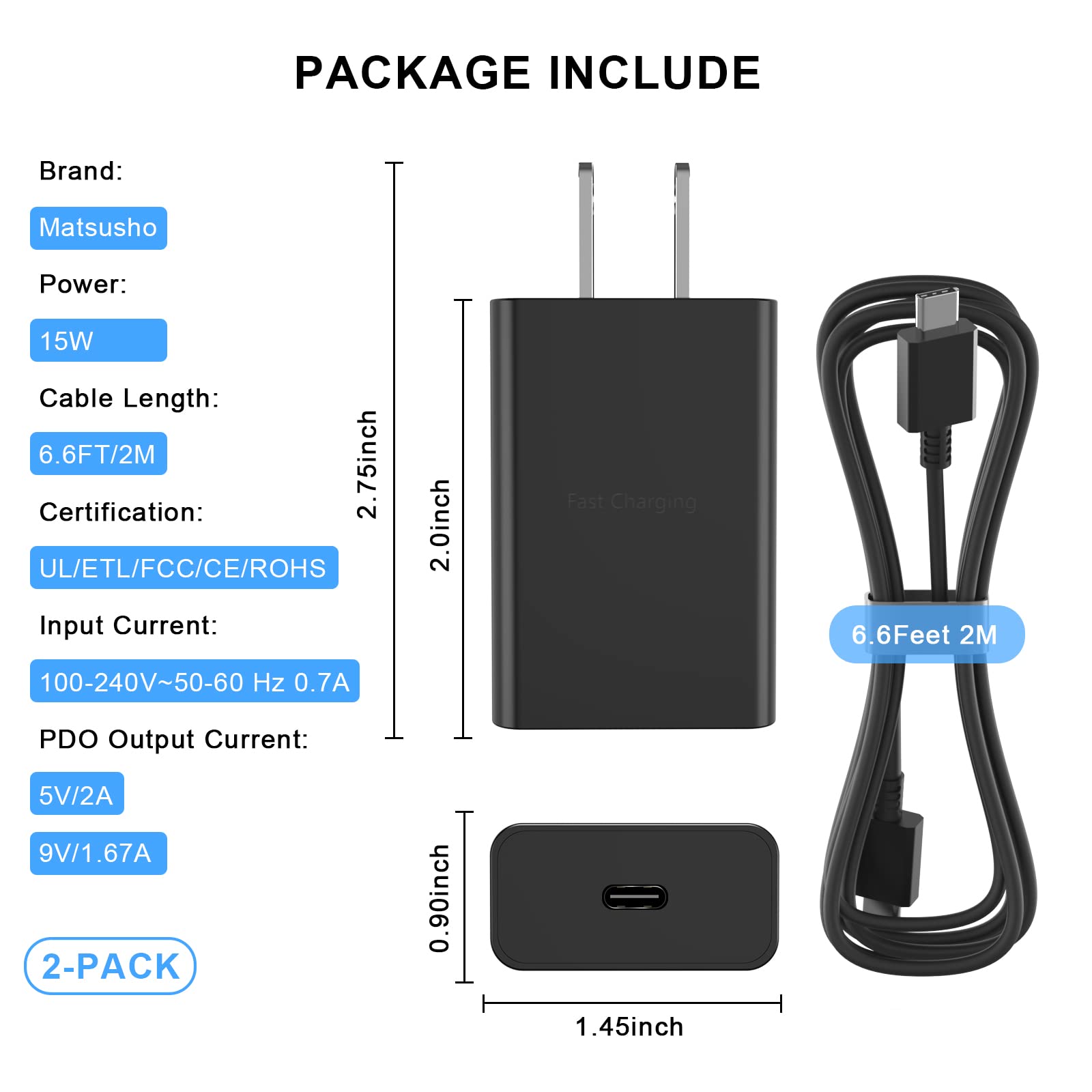 15W USB C Charger, 2 Pack 15W Wall Charger Type C with 6.6ft USB-C Fast Charger Cable Compatible for Galaxy S22/S22+/S22 Ultra/S21/S20/S10/S9/S8, Note 20/Note 10, Z Fold3 and More