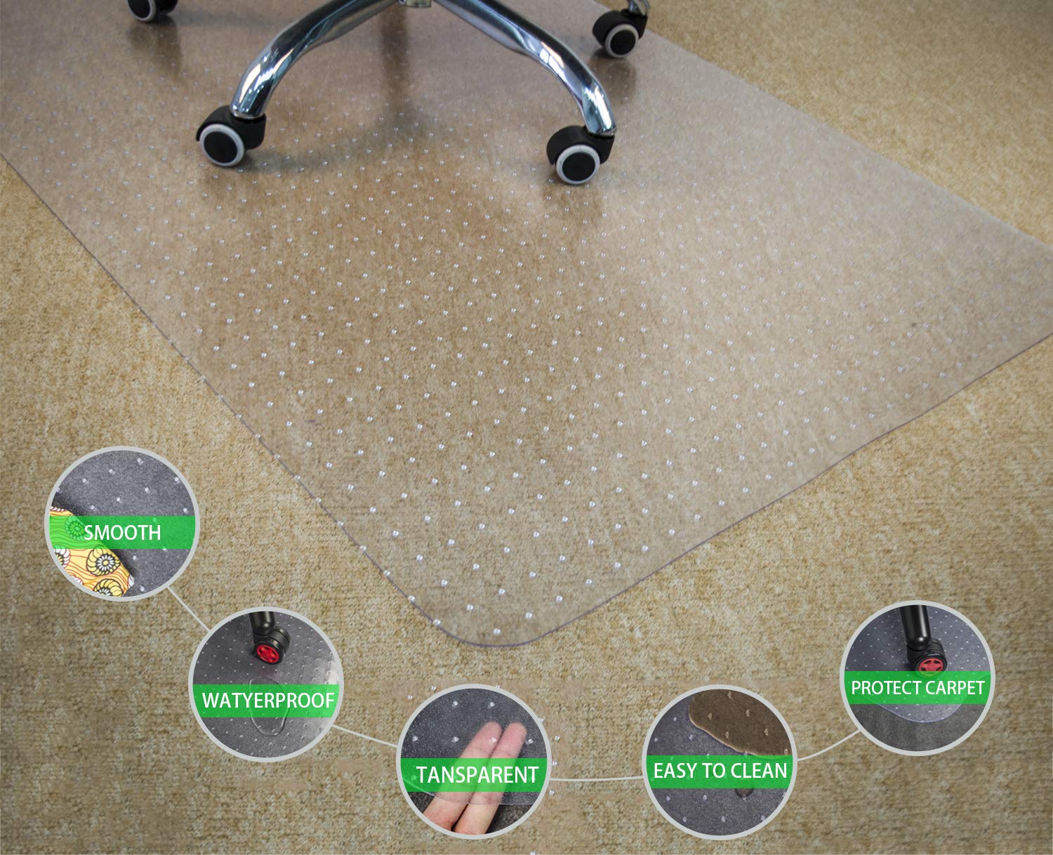 100pointONE Office Chair Mat for Carpets - Transparent Thick Floor Mats for Low, Flat and No Pile Carpeted Floors, with Grippers (48'' X 36'' Rectangle)