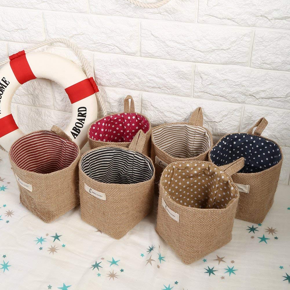 2Pack Cotton Linen Storage Basket Wall Door Hanging Storage Bag Clothes Bag Home Gadget Storage Organizer Foldable Basket Bin (Blue Dot)