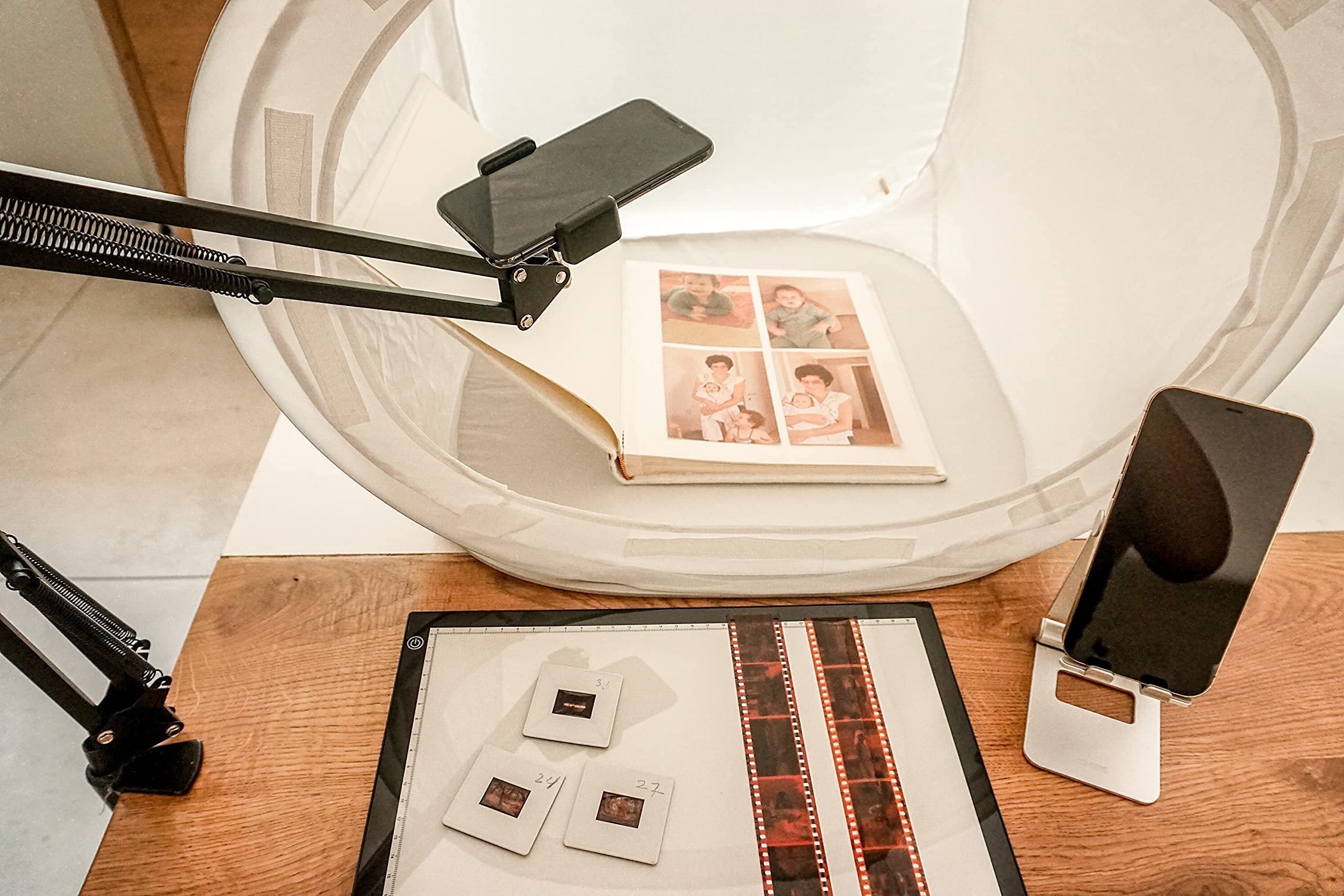 All-in-One Scanning Bundle for Slides & Negatives with Photo Tent, Light Pad, Phone Mount, Macro Lens, & Cotton Gloves