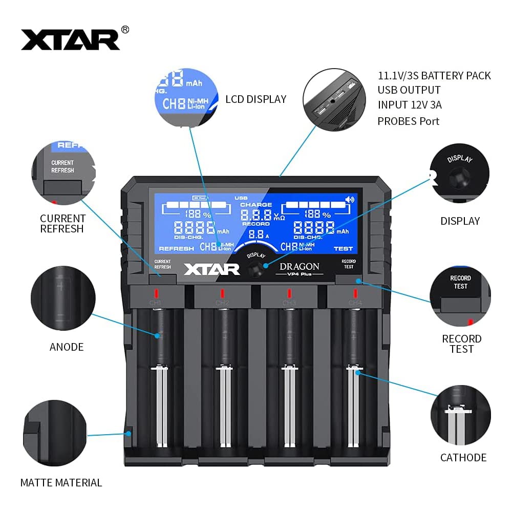 XTAR Dragon VP4L Plus Professional 18650 Capacity Tester Universal 18650 Charger for Rechargeable Batteries Li-ion 21700 26650 14500 16340 Ni-MH AA AAA D with USB Output and Battery Repair Function