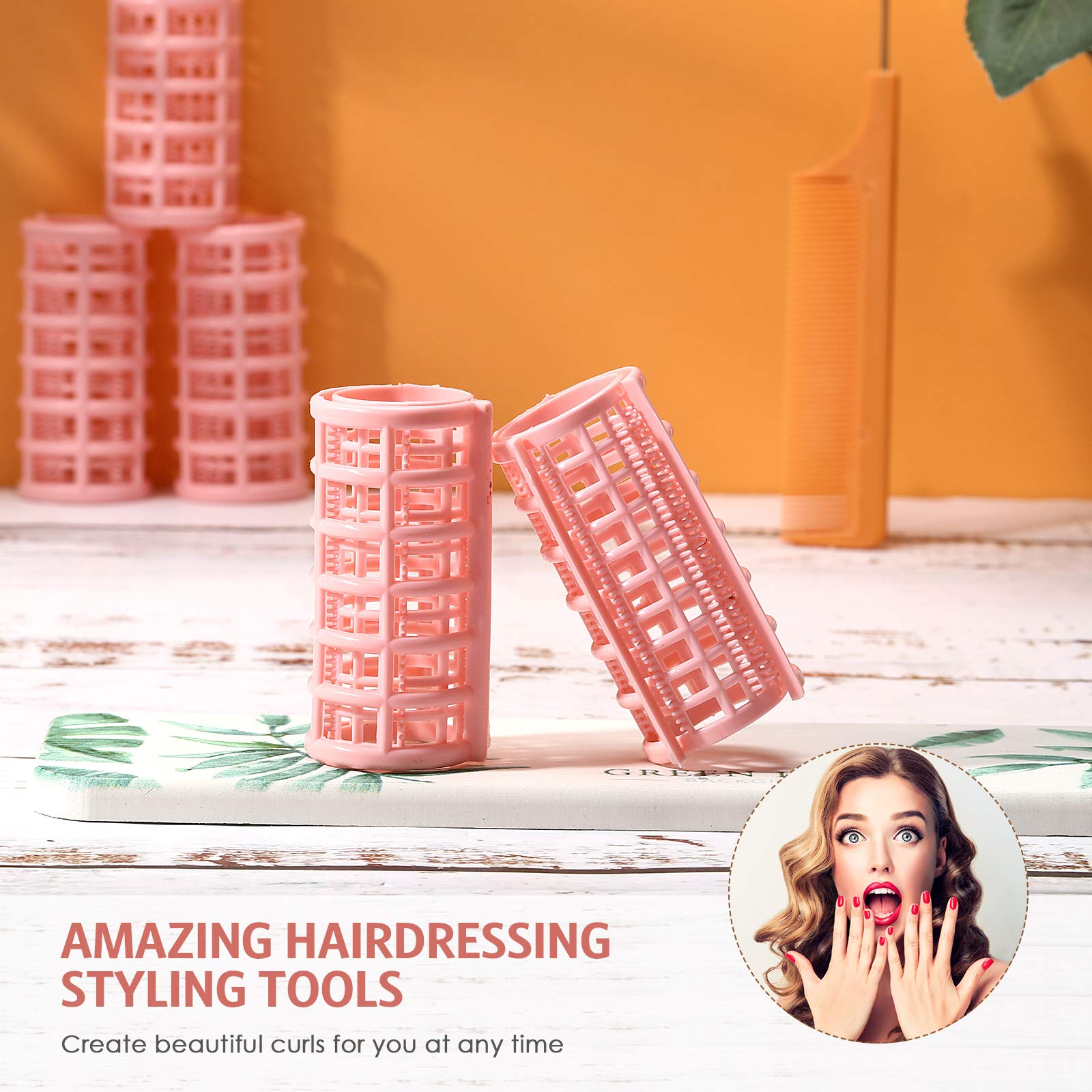 Syhood 12 Pieces Snap Hair Roller, Large Size Plastic Hair Rollers Curlers with Rat Tail Comb for Hairdressing Styling Tools(6.8 x 3 cm,Peach Color)