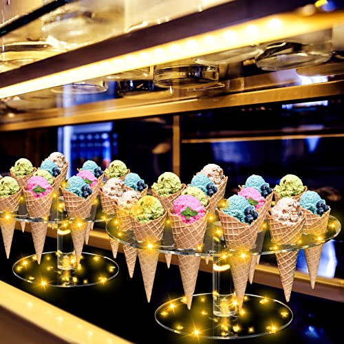 2 Pack LED Ice Cream Cone Holder with Lights 16 Holes Acrylic Ice Cream Cone Display Stand Waffle Cupcake Sugar Cone Cotton Candy Cones Display Rack for Birthday Weddings Parties Anniversaries