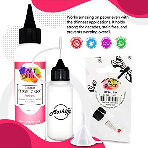 Art Glitter Glue - 4oz with Ultra Fine Metal Tip - Designer Dries Clear Adhesive - Bundled with Moshify 20mL Applicator Bottle and Funnel
